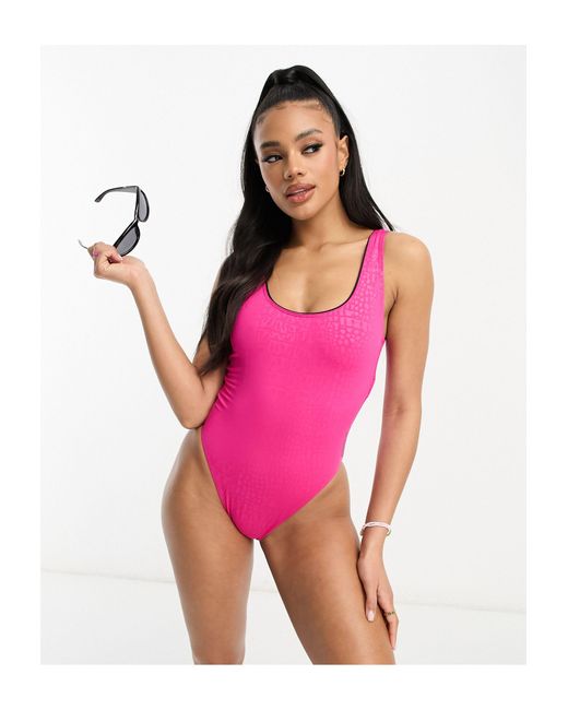 Speedo High Leg Embossed Print Swimsuit In Pink Lyst