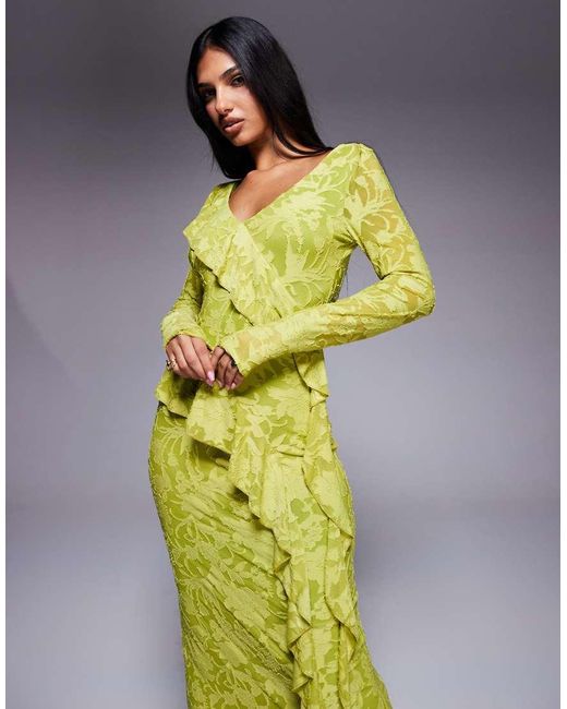 ASOS Devore Long Sleeve Ruffle Maxi Dress in Yellow | Lyst UK