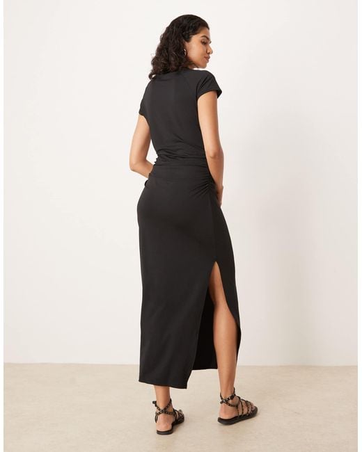 ASOS Short Sleeve Ruched Waist Midi Dress in Natural | Lyst