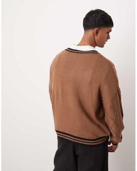 ASOS Oversized Boxy Fit Cable Knit Cricket Jumper in Brown for Men ...