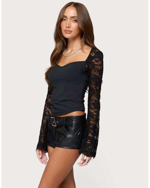 Edikted Kavita Lacey Bell Sleeve Top in Black | Lyst UK