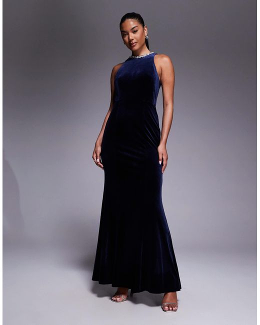 Jarlo Embellished High Neck Velvet Maxi Dress in Blue | Lyst