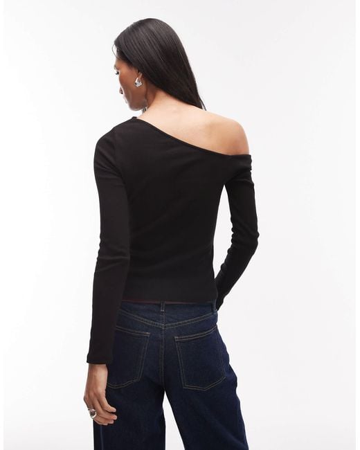 ASOS Ribbed Twisted Asymmetric Long Sleeve Top in Black | Lyst