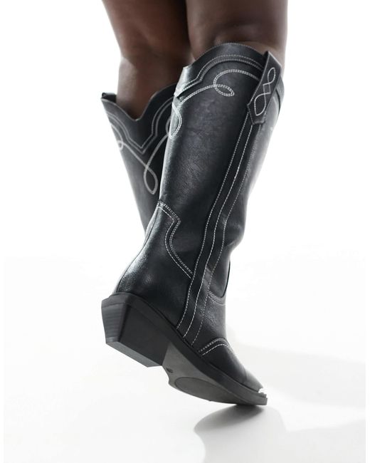 ASOS Curve Celeste Flat Western Knee Boots in Black | Lyst
