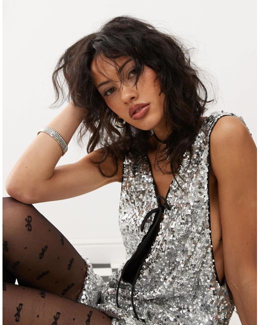 Monki Premium Sequin Plunge Mini Dress | Lyst