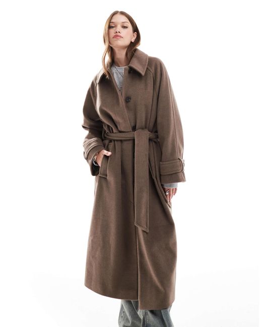 ASOS Brushed Formal Top Collar Longline Coat in Brown | Lyst
