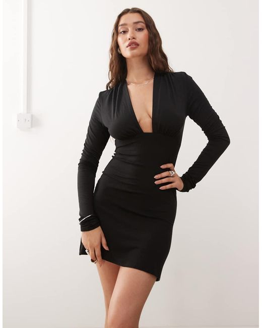 Weekday Plunge Long Sleeve Mini Dress in Black | Lyst UK