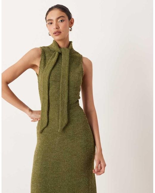 ASOS Ribbed Tie Neck Dress in Green | Lyst UK