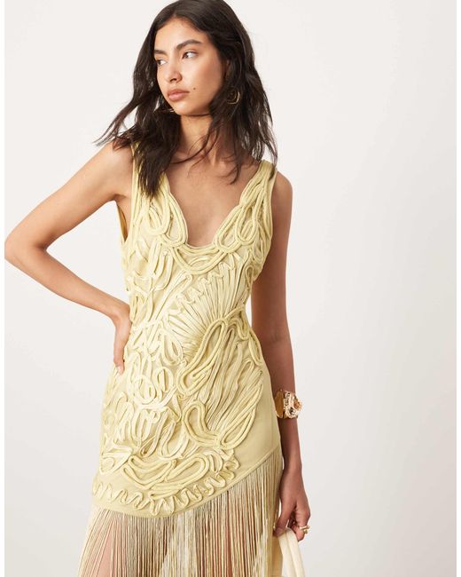 ASOS Embroidered Satin Cornelli Maxi Dress With Fringe Detail in Natural | Lyst