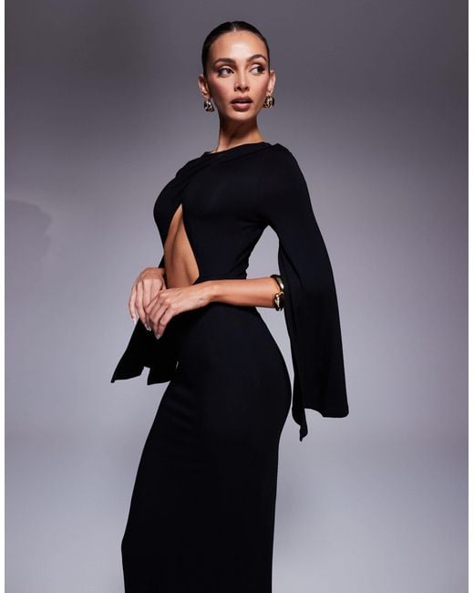 ASOS Split Angel Sleeve Maxi Dress With Cut Out in Blue | Lyst