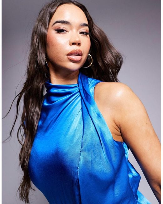 EVER NEW High Neck Satin Maxi Dress in Blue | Lyst