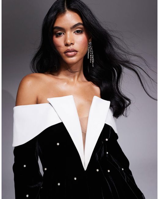ASOS Pearl Embellished Velvet Co-ord Off Shoulder Tailored Blazer in Black | Lyst