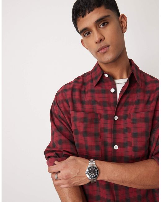 ASOS Oversized Boxy Flannel Shirt With Double Pocket in Red for Men | Lyst