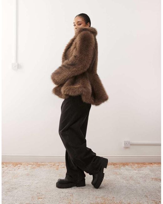 Monki Faux Fur Jacket With Peplum Hem in Brown | Lyst UK