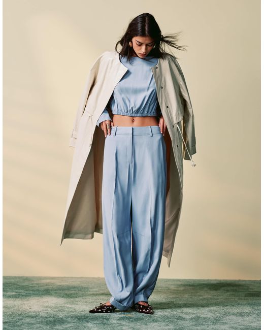 ASOS Tailored Barrel Leg Trousers With Turn Up Co-ord in Blue | Lyst