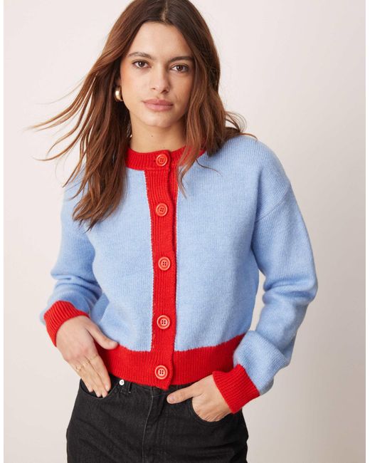 ASOS Fluffy Knit Cardigan With Contrast Tipping in Red | Lyst