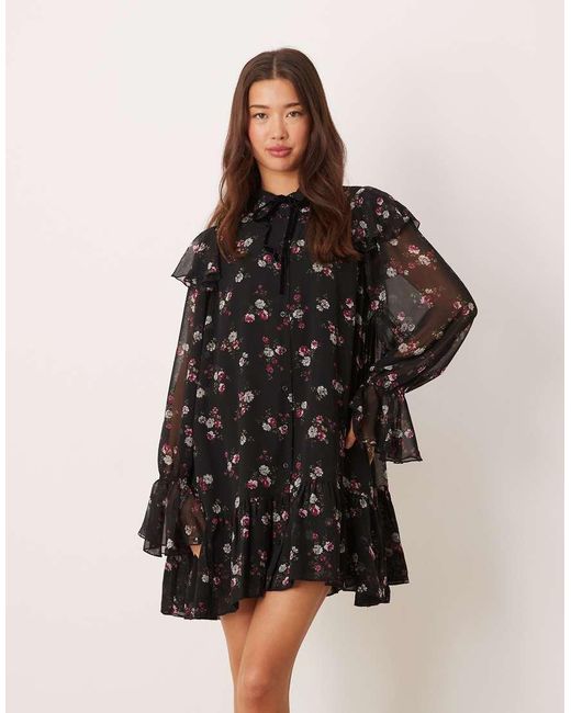 Y.A.S Frill Trim Chiffon Mini Dress in Black | Lyst UK