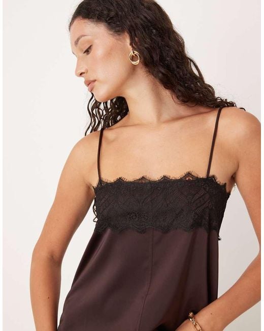 ASOS Lace Overlay Cami Satin Slip Maxi Dress in Brown | Lyst UK