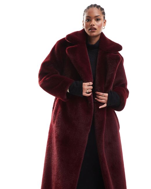 ASOS Asos Design Tall Longline Belted Faux Fur Coat in Red | Lyst