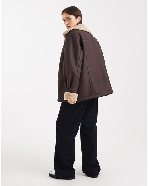 ASOS Leather Look Mid Length Bonded Jacket in Brown | Lyst UK