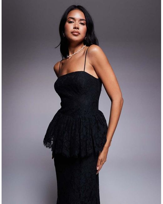 ASOS Structured Lace Maxi Dress With Volume Godet Bodice in Blue | Lyst UK