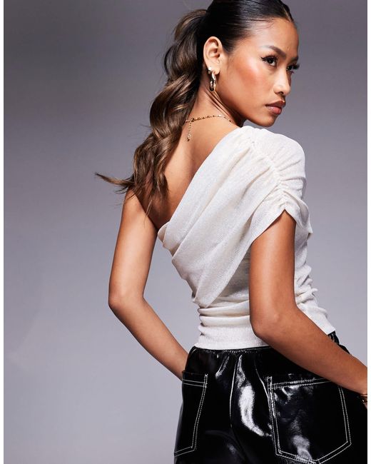 ASOS Ruched Side Fallen Shoulder Top in Metallic | Lyst