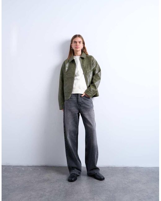 TOPSHOP Faux Leather Zip Up Jacket With Patch Pockets in Grey | Lyst UK
