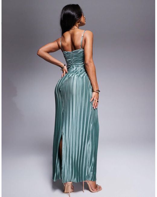 ASOS Metallic Plisse Cupped Ruched Detail Maxi Dress in Blue | Lyst