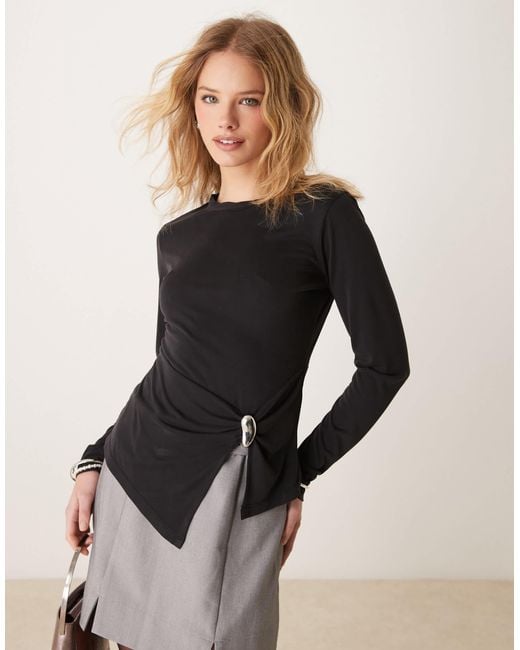 ASOS Long Sleeve Modal Twist Top With Silver Trim in Black | Lyst