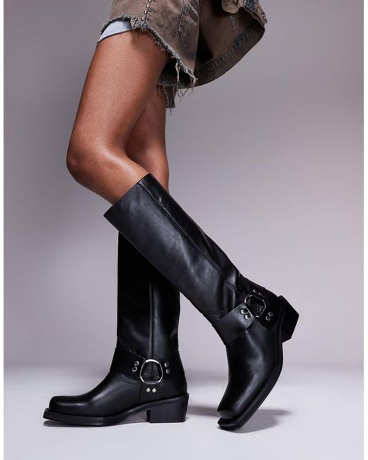 ASOS Colorado Premium Leather Biker Knee Boots in Black | Lyst
