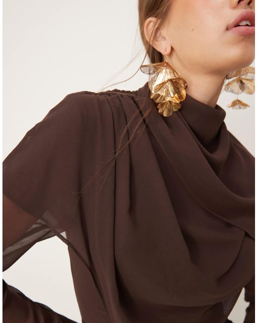 ASOS Draped Long Sleeve Maxi Dress in Brown | Lyst