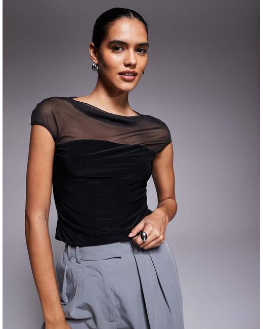 ASOS Mesh Slinky Mix Slash Neck Top in Black | Lyst UK