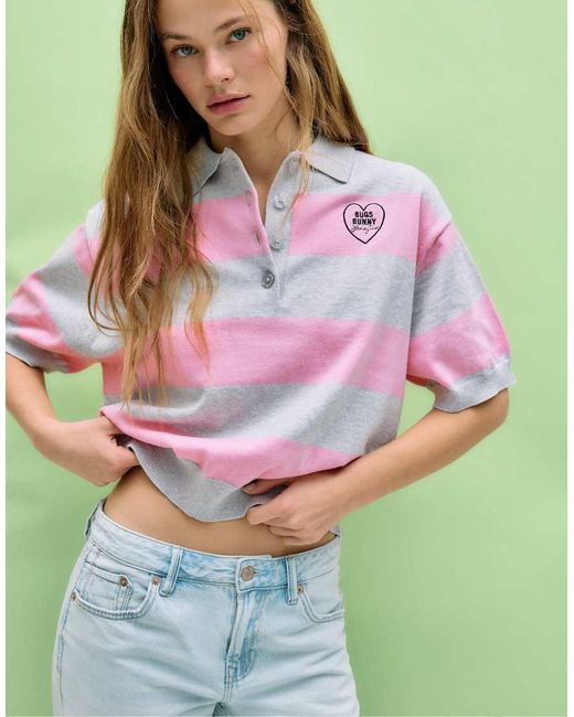 Stradivarius Bugs Bunny Knit Polo Shirt in Pink | Lyst UK