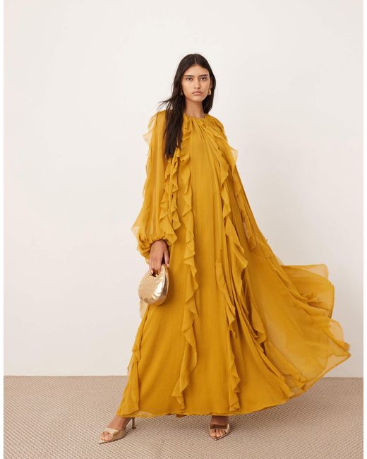 ASOS Chiffon Raw Edge Ruffle Maxi Dress With Balloon Sleeve in Yellow ...