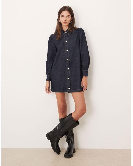 ASOS Denim 70s Style Puff Sleeve Mini Dress in Blue | Lyst