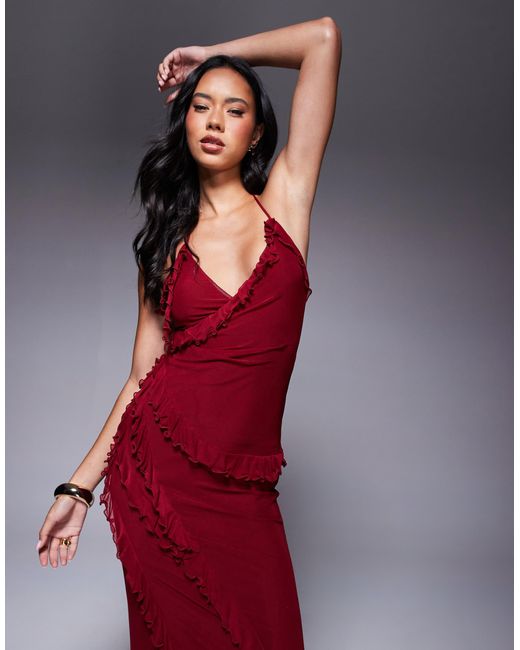 ASOS Tie Side Ruffle Draped Maxi Dress in Red | Lyst