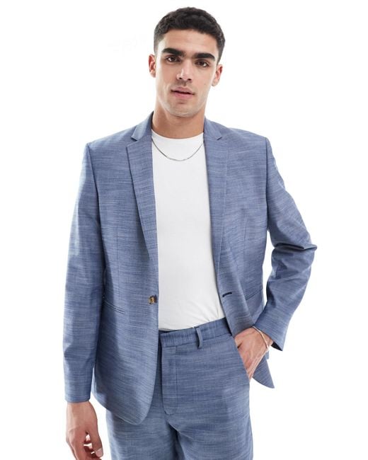 ASOS Linen Look Slim Suit Jacket in Blue for Men | Lyst