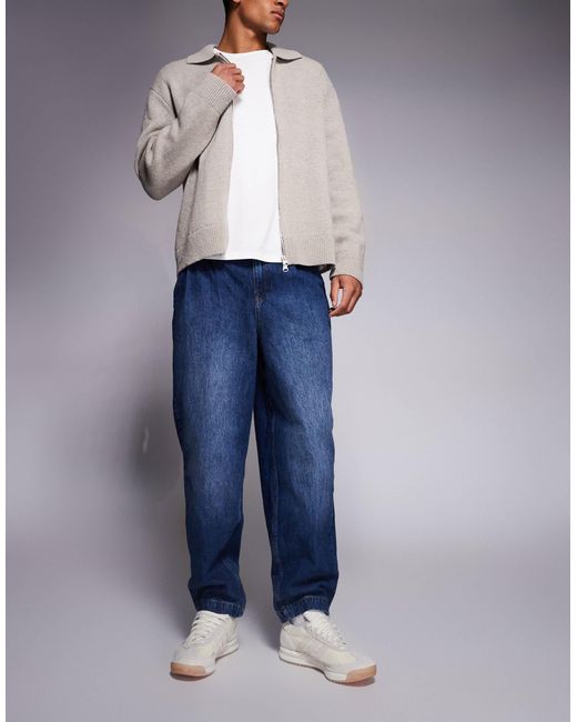 ASOS Oversized Tapered Fit Jeans With Pleat Detail in Blue for Men | Lyst