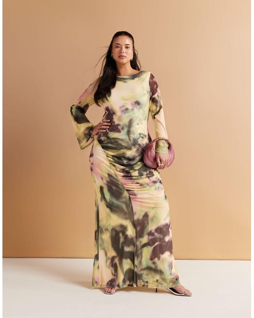ASOS Asos Design Curve Long Sleeve Mesh Maxi Dress With Double Tie Back ...