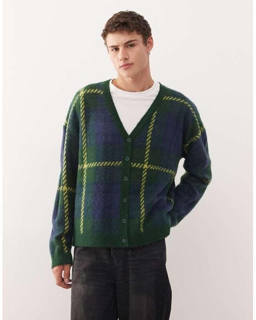 Collusion Knitted Cardigan With And Neon Check in Green for Men | Lyst UK