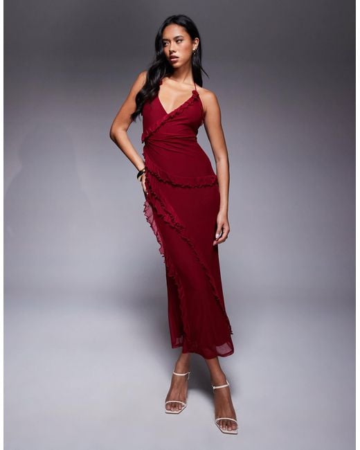 ASOS Tie Side Ruffle Draped Maxi Dress in Red | Lyst