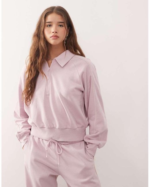 Monki Half Zip Sweatshirt With Beige Piping Detail in Pink | Lyst UK