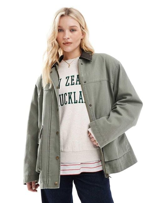 ASOS Oversized Washed Barn Jacket With Leather Look Collar in Grey ...