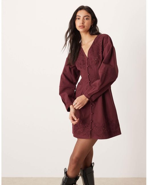 ASOS Long Sleeved Cutwork Button Down Mini Dress in Red | Lyst