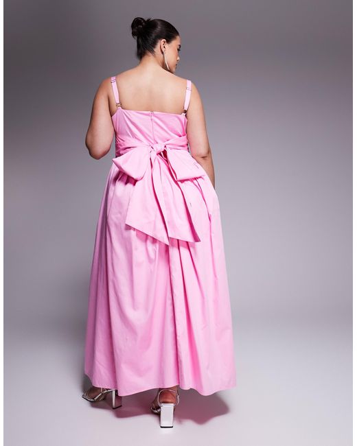 ASOS Curve Cotton Sateen Cinched Waist Bow Back Maxi Dress in Pink | Lyst