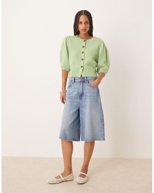 ASOS Crew Neck Cardigan With Puff Sleeve in Green | Lyst UK
