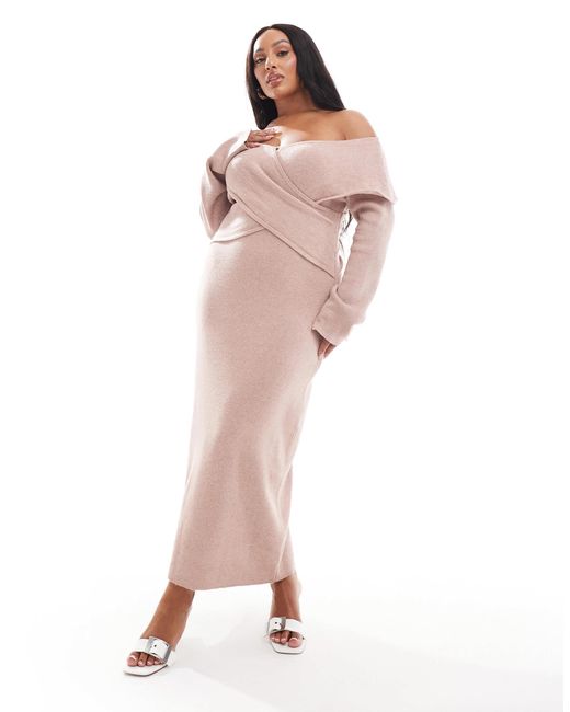 Pretty Lavish Curve Crossover Bardot Knit Midaxi Dress in Pink | Lyst