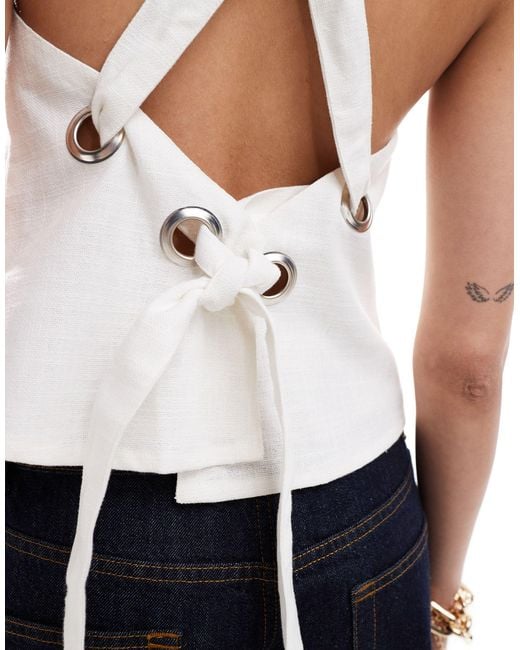 ASOS Linen Halter Top With Eyelet Detail in White | Lyst