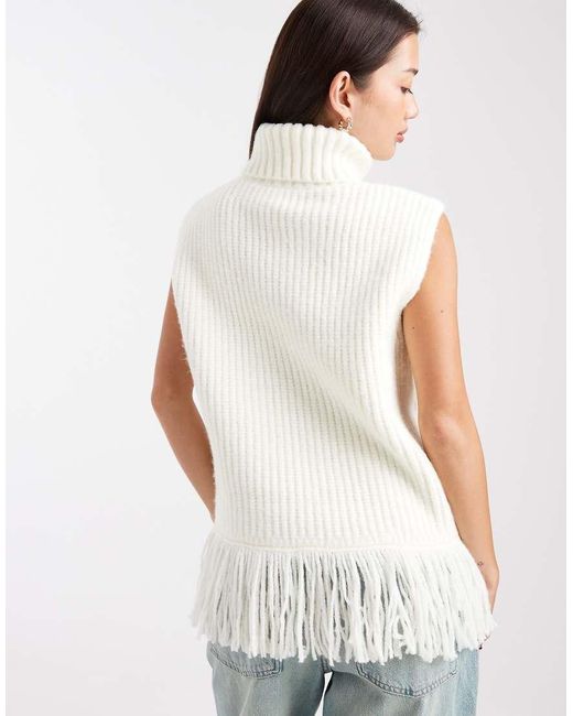 Miss Selfridge Cable Knit Oversized Fringe Tank in White | Lyst UK