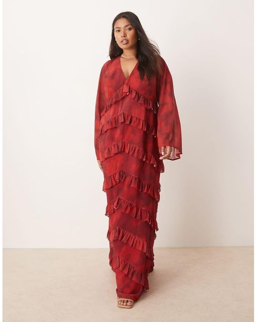 Pretty Lavish Curve Long Sleeve Ruffle Maxi Dress in Red | Lyst UK